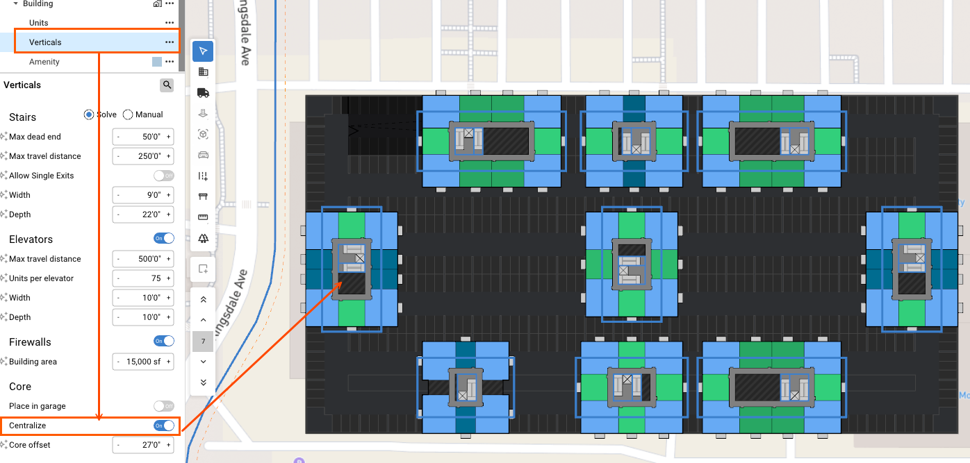 How do I add central cores to High-density block buildings?